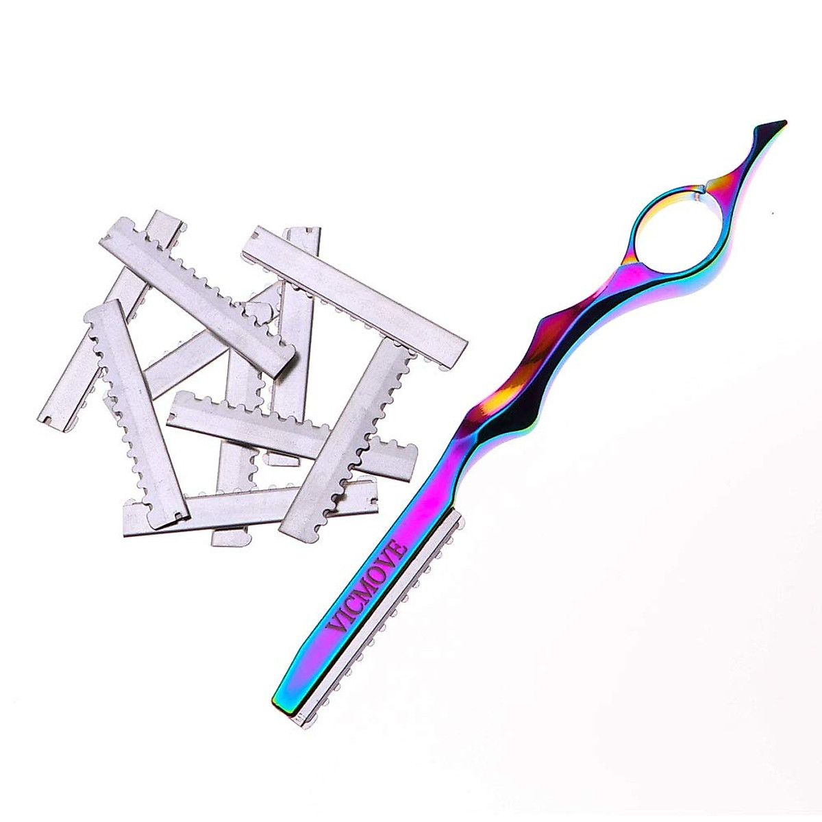 Professional Hair Styling Thinning Texturizing Cutting Feather Razor + 10 Replacement Blades Stainless Steel Rainbow Color