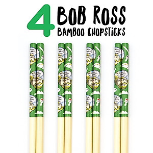 GAMAGO Bob Ross Bamboo Chopsticks Set - 4 Pairs of Adorably Cute Reusable Chop-sticks - Easy Grip, Lightweight, Durable, 9.25 Inches