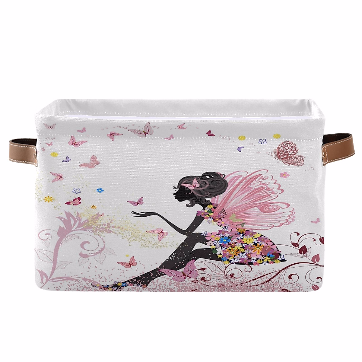 ALAZA Decorative Basket Rectangular Storage Bin, Flower Fairy in The Environment of Butterflies Organizer Basket with Leather Handles for Home Office