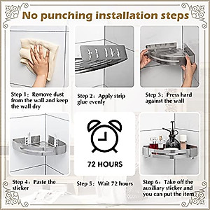 2 Pack Corner Shelves for Shower Corner Shower Caddy Shower Shelves Wall Mounted 304 Stainless Steel Bathroom with Two Hooks No Drill Shower Storage Organizer with Glue and Screw (Matte Silver Color)
