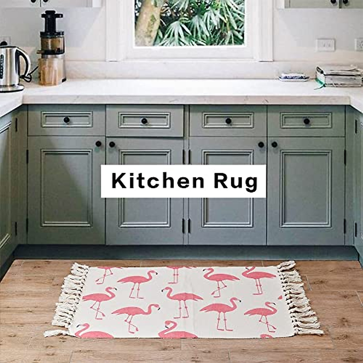 Flamingo Bathroom Rug，2'x3' Red Rugs Runner with Tassels, Small Woven Cotton Kitchen Bath Mat,Throw Rugs for Living Room, Bedroom, Laundry, Kitchen Sink, Doorway, Hallway