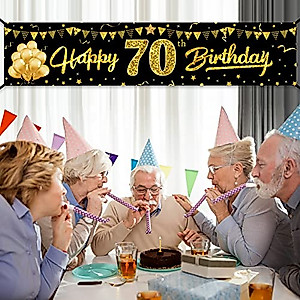 Happy 70th Birthday Banner Decorations for Women Men, Black Gold 70 Birthday Sign Party Supplies, Funny 70 Year Old Theme Birthday Party Backdrop Decor for Indoor Outdoor