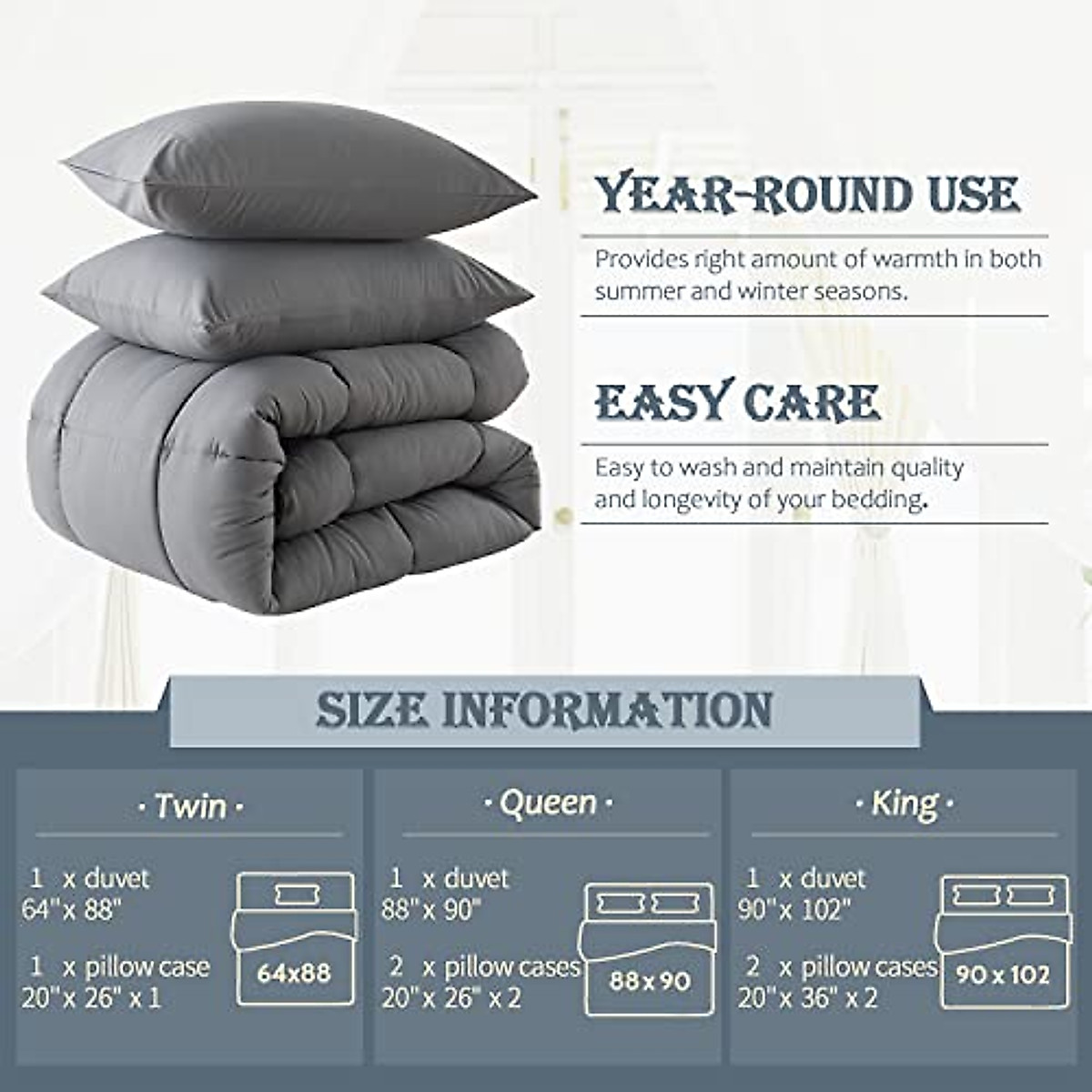 WhatsBedding Grey Comforter Set, Queen Lightweight Comforter Duvet Set for Summer,3 Pieces