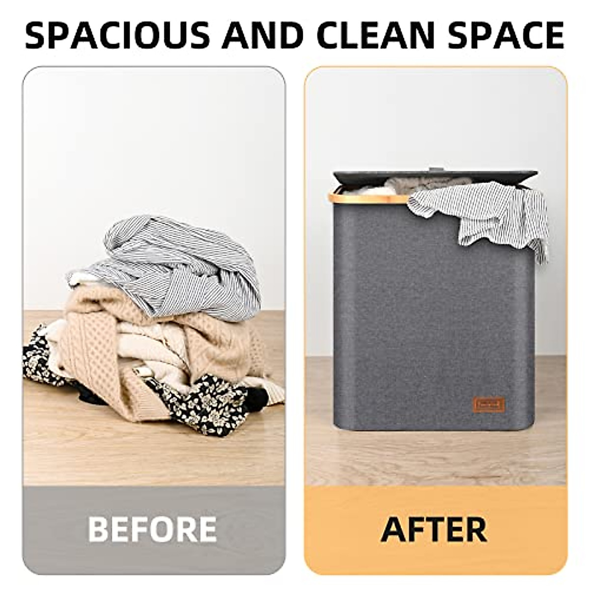 KMIGRUAN 85L Laundry Hamper with Lid, Bamboo Laundry Hamper with Handle, Grey Clothes Hamper for Bedroom, Bathroom and Closet Storage of Clothes and Towels