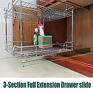 OCG Pull Out Drawer Cabinet Organizer（20" W x 18" D x 16.4" H, 2 Tier Heavy Duty Slide Out Kitchen Cabinet Storage Shelves, Sliding Drawer for Cabinet, Wire Frame, Chrome Finish