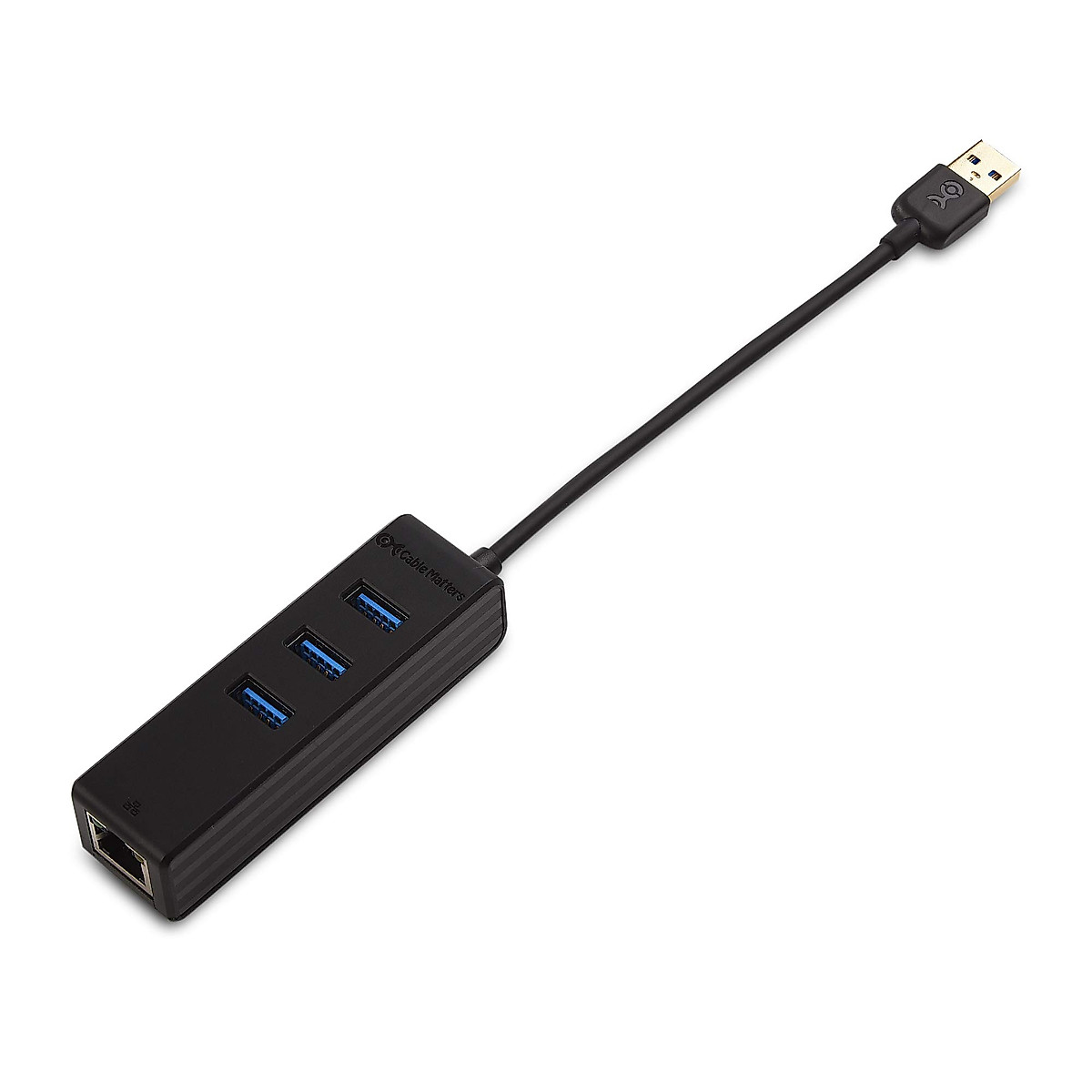 Cable Matters 4-in-1 USB Hub with Ethernet, Support Gigabit Ethernet (USB 3.0 Hub Ethernet, USB to Ethernet Adapter, Gigabit Ethernet USB Hub, USB Ethernet Hub) with 10/100/1000Mbps Network in Black