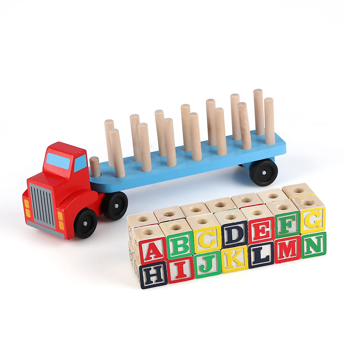 Wooden Alphabet Blocks Truck Wooden Building Blocks Car for Toddlers 28 pcs Stacking Blocks and A Truck Montessori Preschool Learning Toys for Toddlers