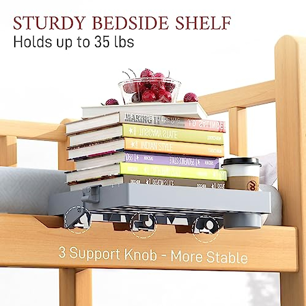 SOLEJAZZ Bedside Shelf for Bed, Folding Bunk Bed Shelf for Top Bunk Clip On Nightstand College Dorm Room Essential Table Caddy Bedside Night Stand Shelf with Hooks, Cup & Cord Holder, Plus Size, Grey