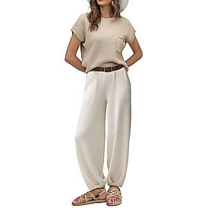 Ugerlov Women's Two Piece Outfits Sweater Sets Knit Pullover Tops and High Waisted Pants Lounge Sets, White, S