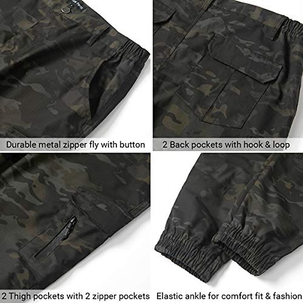 NAVEKULL Men's Camouflage Tactical Pants Waterproof Lightweight Ripstop Outdoor Hiking Tapered Cargo Pants
