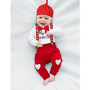 Dearnow Baby Boy Valentines Day Outfit 6-9 months My First Valentines Day Long Sleeve Romper+Suspender Pants+Hat 3Pcs Spring Outfit valentines baby boy outfit
