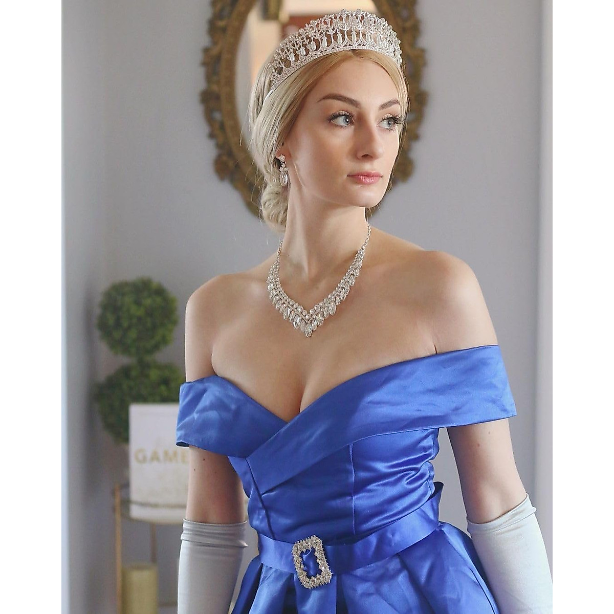 SWEETV Princess Diana Tiara for Women, Silver Pearl Wedding Crown for Bride, Rhinestone Costume Accessories for Birthday Party Prom