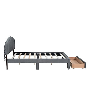 HAUSHECK Upholstered Bed Frame Queen Size with Teddy Fleece Headboard, Big Drawer, Smart LED Lights and 2 USB Ports, Modern Queen Platform Bed Frame w/Wooden Slats Support, No Box Spring Needed