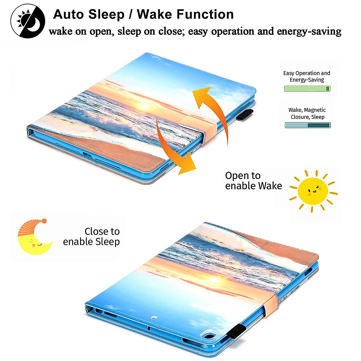 UUcovers for Apple iPad 9th/8th/7th Generation Case 10.2 inch (2021/2020/2019) with Pencil Holder Pockets [Auto Wake/Sleep] PU Leather Smart Folio Stand Wallet TPU Shockproof Cover, Beach Sunrise