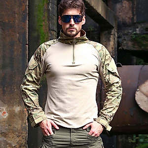 CARWORNIC Men's Tactical Combat Shirt, 1/4 Zipper Long Sleeve Camo Army Military T Shirt