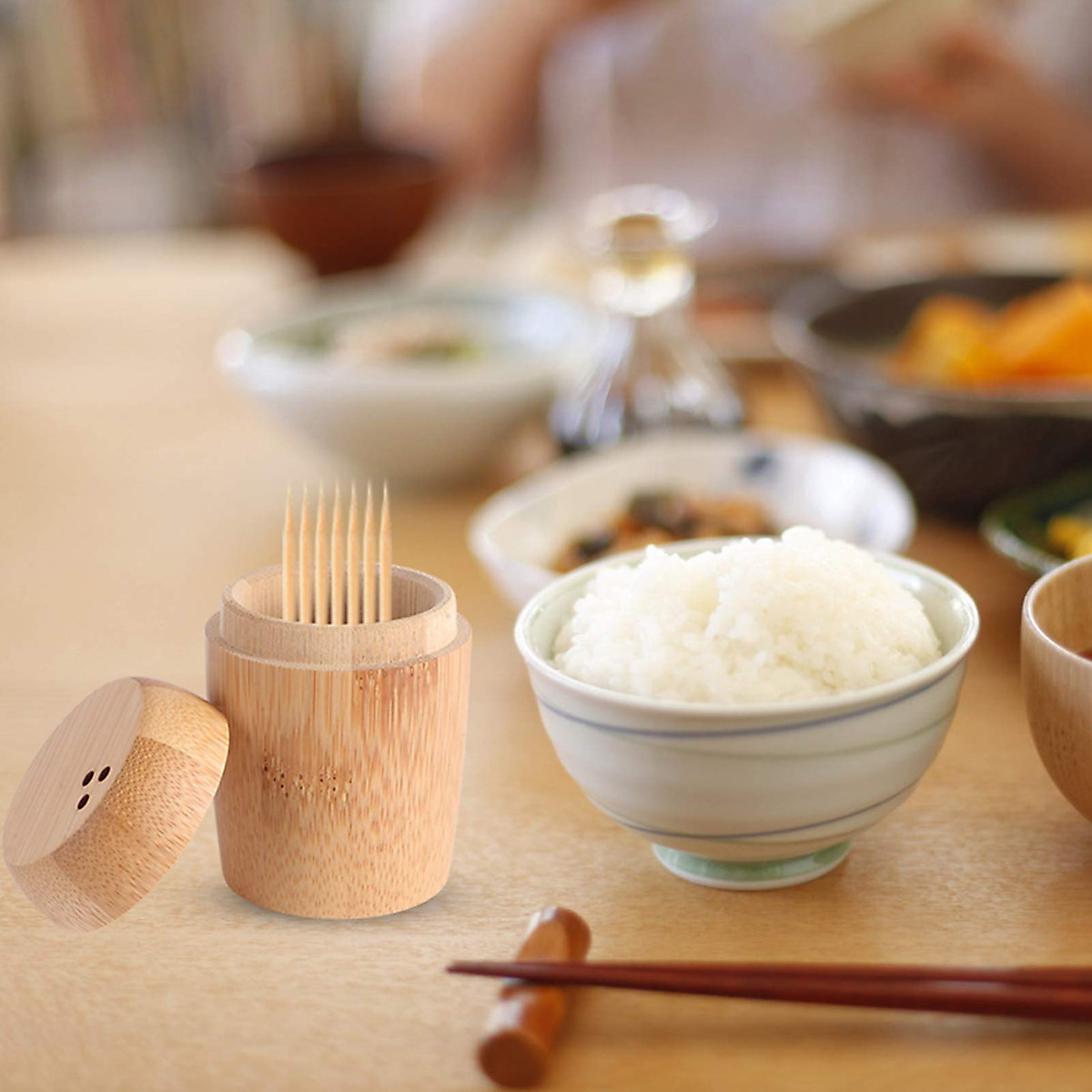 DOITOOL Bamboo Toothpick Dispenser Toothpick Boxes Decorative Toothpick Jar Fruit Picks Cotton Swabs Container for Home Restaurant Hotel Random