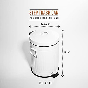 BINO Round Step Trash Can | Home or Office Bathroom Trash Cans with Lids | Kitchen Garbage Can with Non-Slip Stepper | Stainless Steel Small Trash Can with Lid | Matte White (1.3 Gallon/5 Liter)