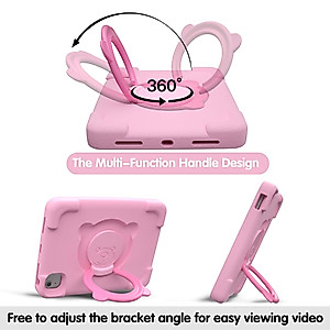 PZOZ iPad Kids Case Compatible for iPad Air 4th 2020 & Air 5th 2022 Generation 10.9 inch, EVA Shockproof Rotate Handle Folding Stand Heavy Duty Protective Cute Cover for Boys Girls (Pink)