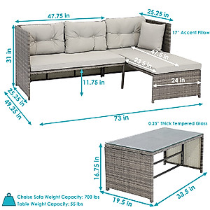 Sunnydaze Longford Outdoor Patio Sectional Sofa Set - Backyard Brown Rattan Wicker Chaise Lounge Furniture with Coffee Table and Thick Cushions - Conversation Set - Slate Gray Cushions