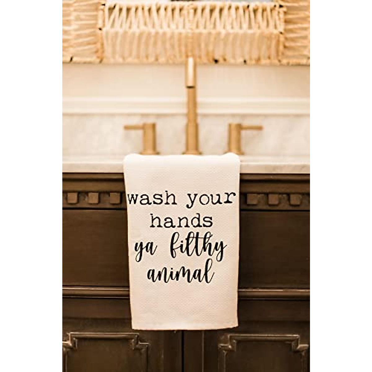 Moonlight Makers Soft Cotton Waffle Design Hand Towel, Bathroom/Kitchen Farmhouse Decor, Cute Gift, BOHO, Stocking Stuffer (Wash Ya Hands Ya Filthy Animal)