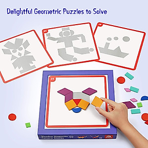 Coogam Wooden Magnetic Shape Puzzle Pattern Blocks Set, Tangram Geometric Manipulative Brain Teasers Toy Montessori Magnet Board Puzzle STEM Gift for Kids with 80 Challenges