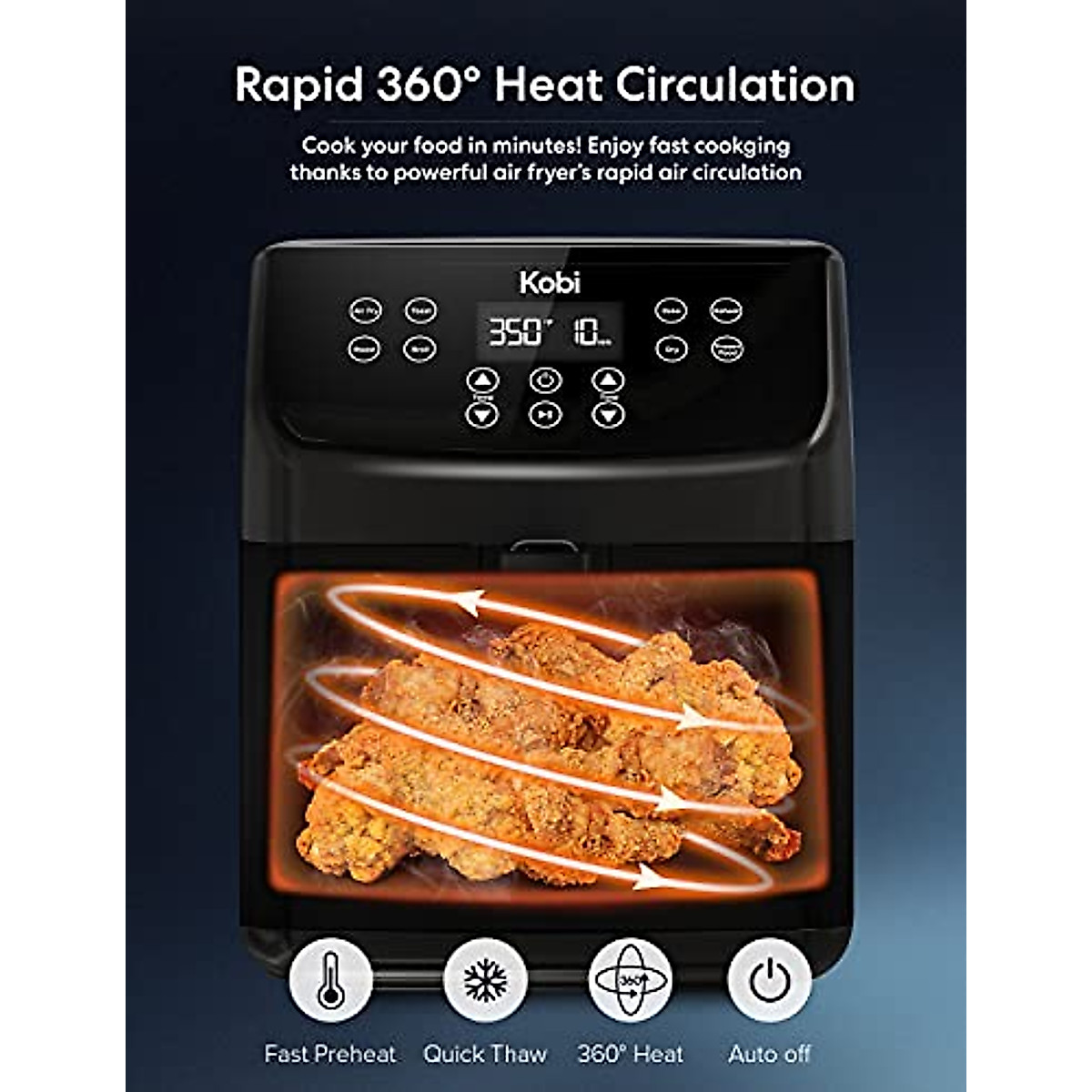 Kobi Air Fryer, XL 5.8 Quart,1700-Watt Electric Hot Air Fryers Oven & Oilless Cooker, LED Display, 8 Preset Programs, Shake Reminder, for Roasting, Nonstick Basket, ETL Listed (100 Recipes Book Included) (Black)