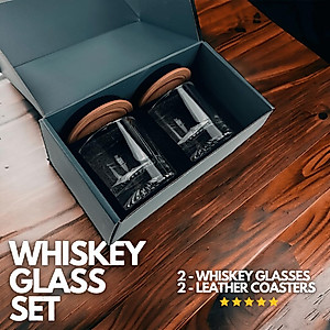 Whiskey Glass Set of 2 | Whiskey Gifts for Men | 2 Whiskey Glasses and 2 Coasters | 10oz Glass | Bourbon Glass