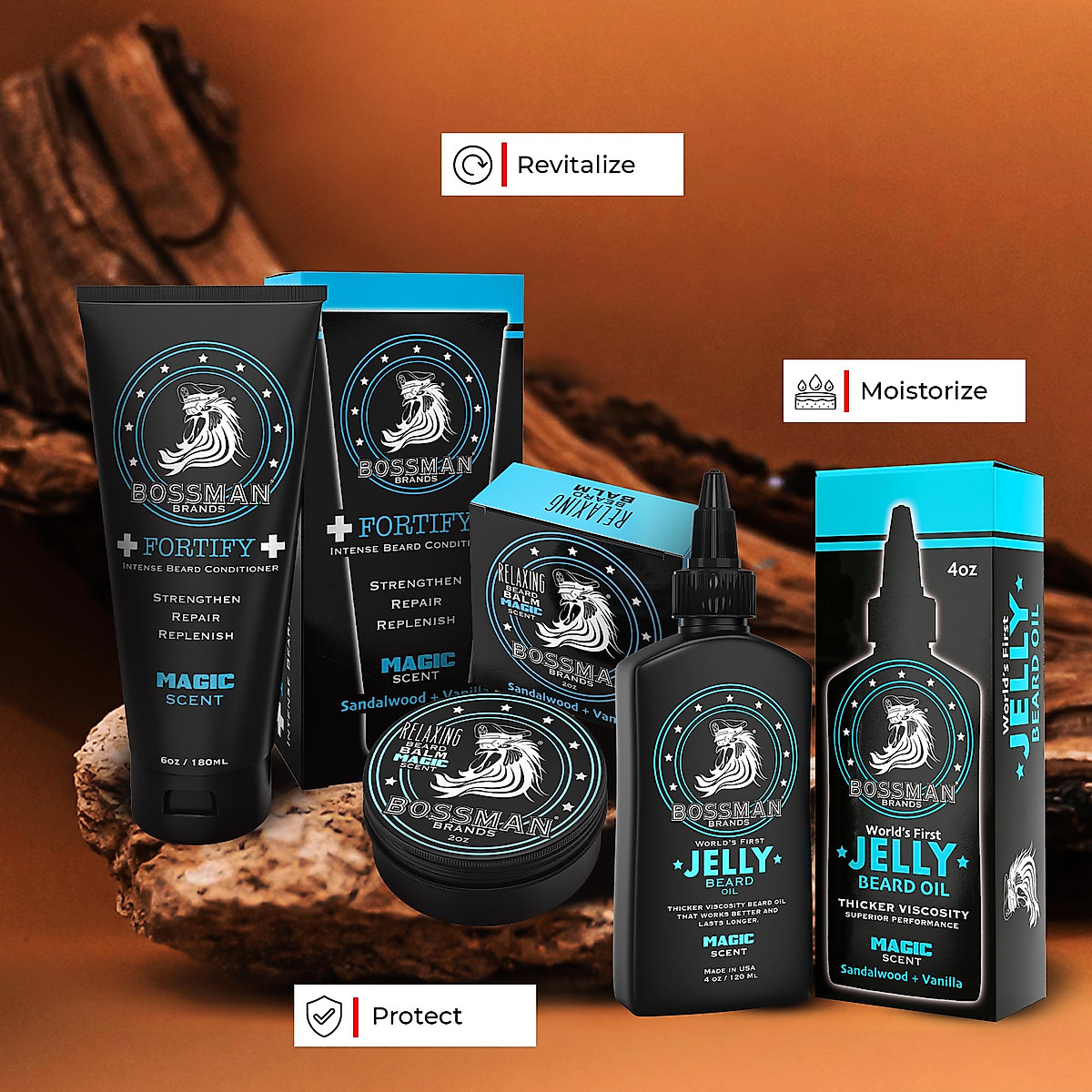 Bossman Essentials Beard Kit for Men - Beard Oil Jelly, Fortifying Conditioner Cream, Beard Balm - Grooming Growth Care Accessories (Magic)