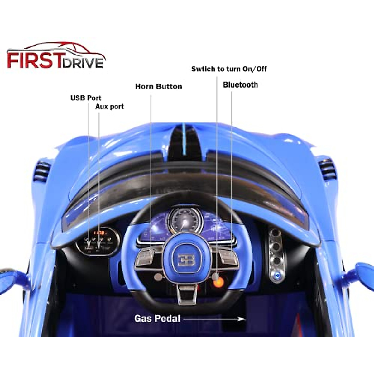 Bugatti Divo - Blue- Dual Motor Electric Power Ride On Car W/Parental Remote, MP3, Aux Cord, Bluetooth, Led Headlights, and Premium Wheels- by First Drive (Blue)