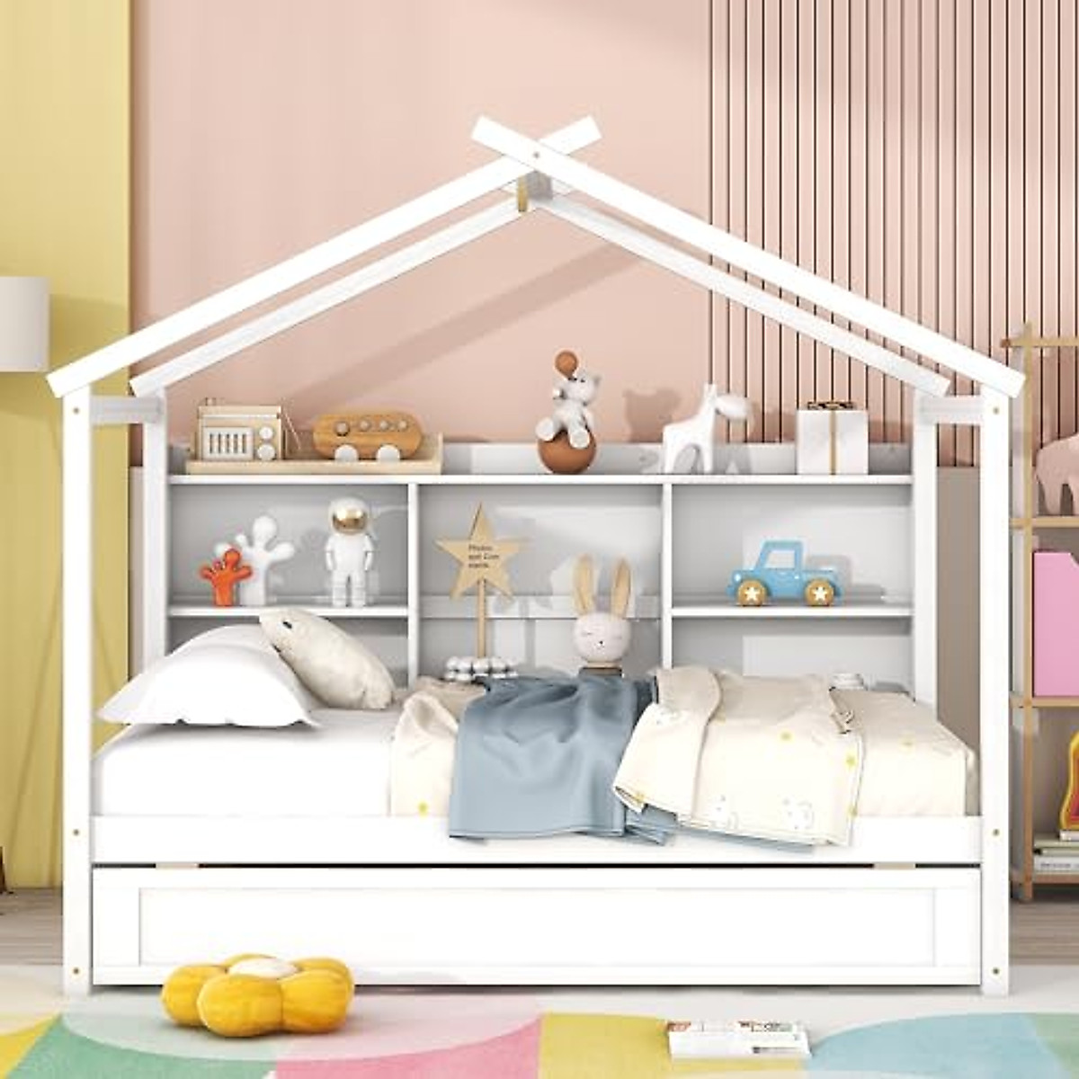 DEYOBED Full Size House Bed with Storage Shelves and Twin Size Trundle, Wooden Full Playhouse Bed, Canopy Bed, House Shape Bed Frame for Kids Boys Girls, No Box Spring Needed, Brushed White