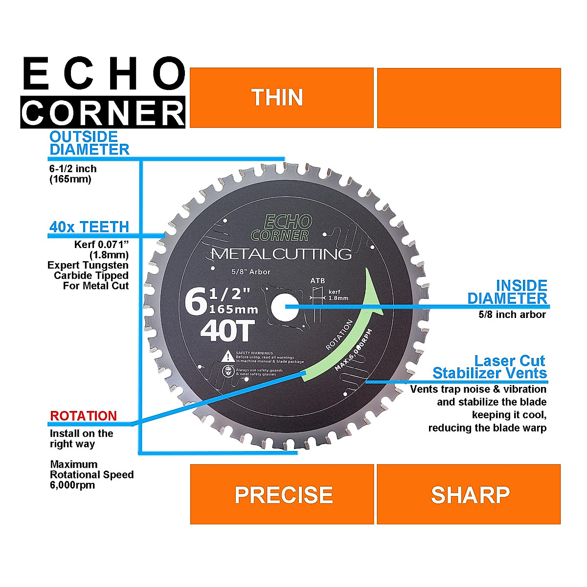 Echo Corner 6-1/2" Steel Cutting Circular Saw Blade, for Mild Steel Sheet Carbon Steel Plate Angle-Iron or Other Tough Metal, Carbide TCT 40-Tooth 5/8" Arbor