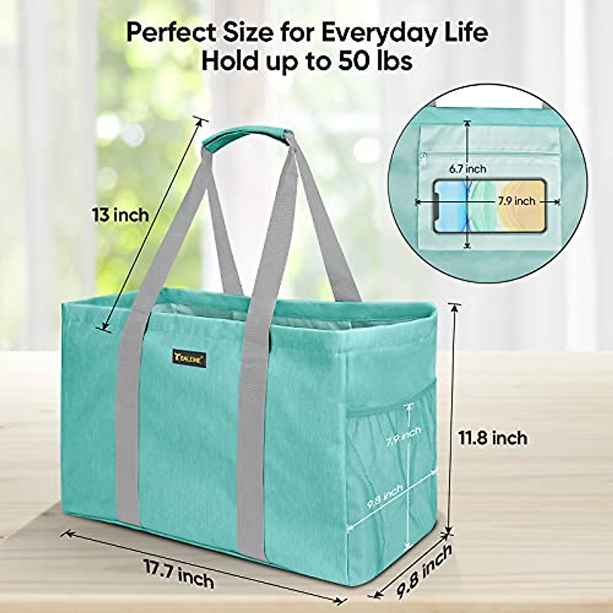 BALEINE Soft 9 Gallon Extra Large Utility Tote, Foldable Reusable Storage Bag (Sea Green)