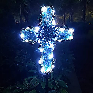 COOZZYHOUR Solar Cross Garden Lights Outdoor Decorative - Solar Metal&Glass Cross Blue Hydrangea Flower Stake Lights- Waterproof 20 Warm White LED for Remembrance Gifts