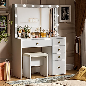 PAKASEPT Makeup Vanity Desk with Lighted Mirror and Charging Station, 39.4" White Vanity Table with 3 Lighting Colors, Hidden Sliding Shelves, 5 Drawers & Stool, Vanity Set for Bedroom