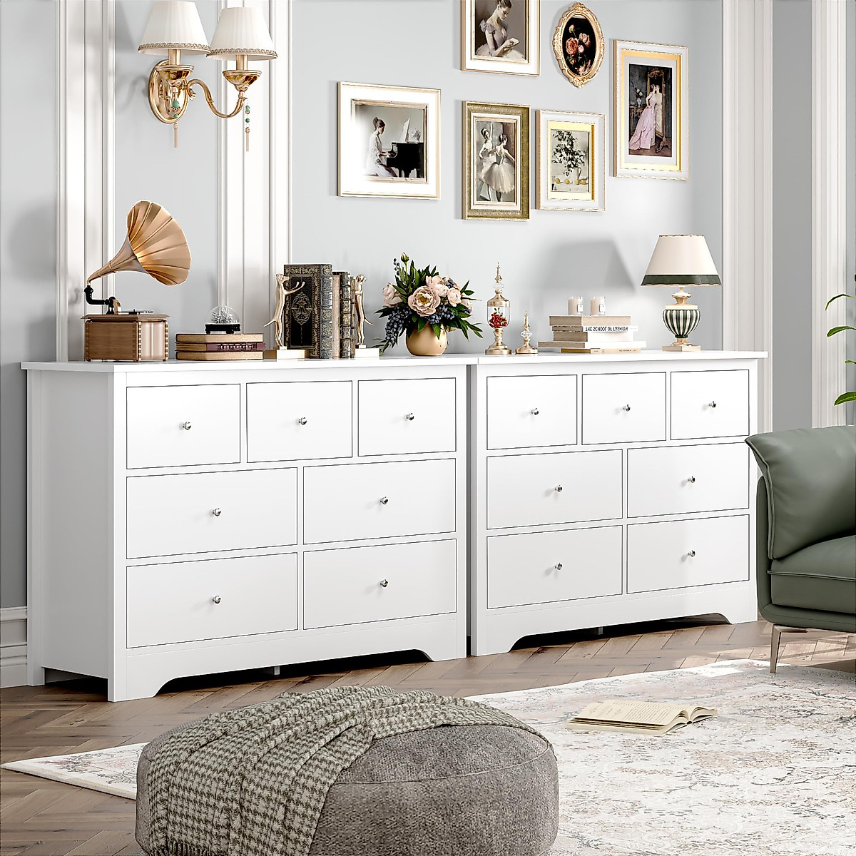 FOTOSOK White Dresser 7 Drawer with 19'' Deeper Depth, 47.2'' White Chest of Drawers Modern Dresser with Metal Handles, White Dresser Chest of Drawers with Large Drawer Storage Space for Home