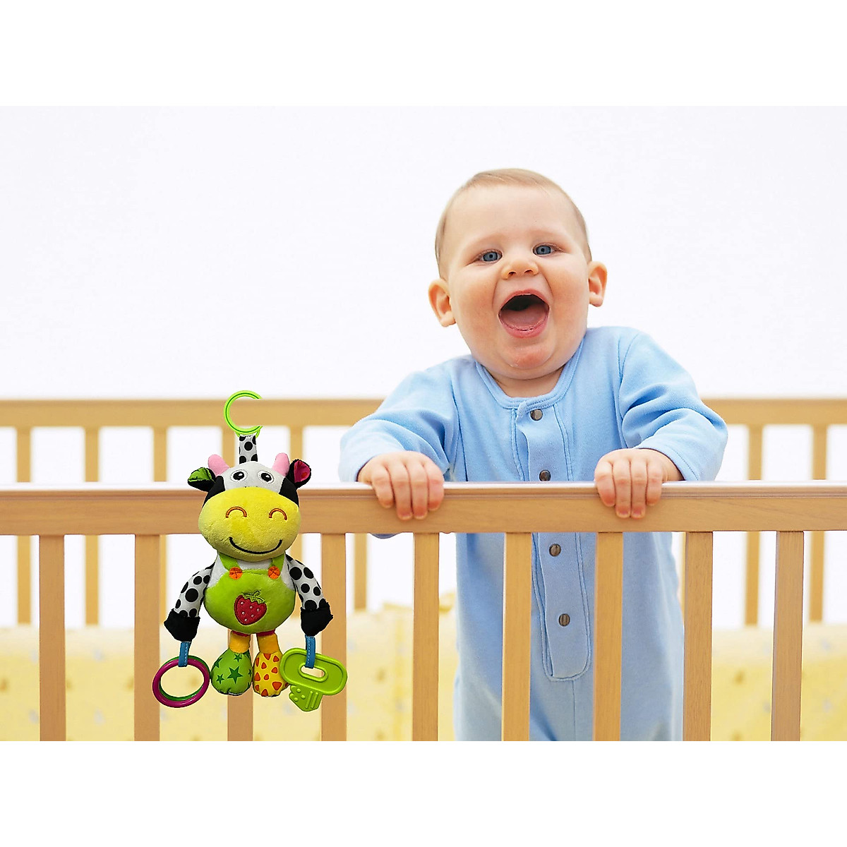 Cute Hanging Stroller Car Seat Toys for Baby, C Clip Hanging Animal Soft Toys with Rattles BB Squeaker Distorting Mirror for Boys Girls 0-36 Months (Green)