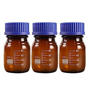 100ml Storage Glass Bottles with Cap - 3pcs Round Media Storage Bottles Amber Graduated Lab Reagent Container for Lab Scientific Glassware Classrooms Home