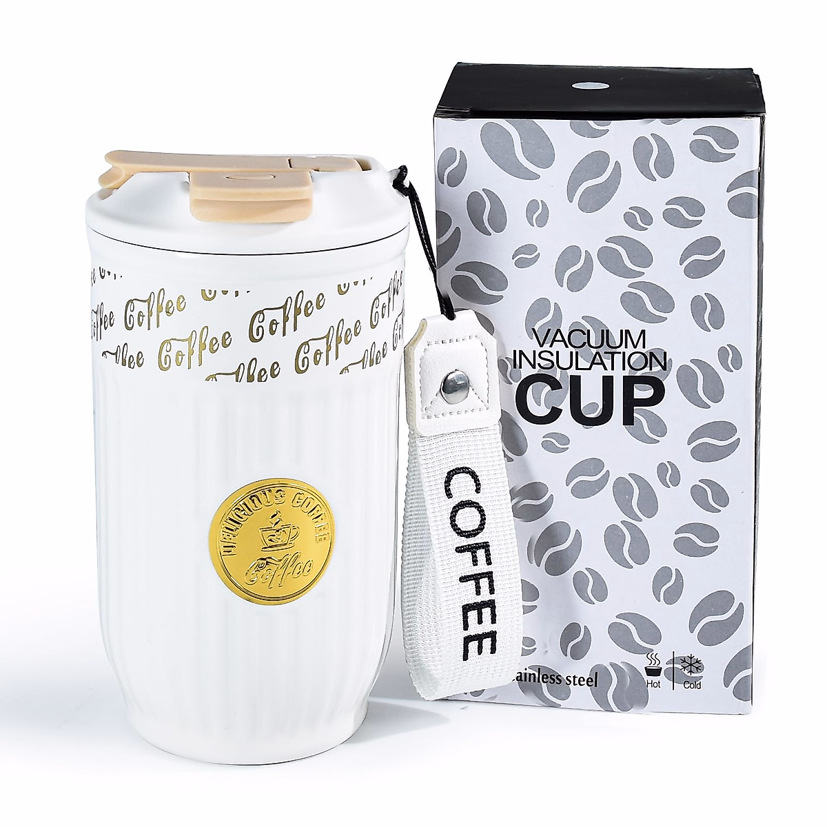 14oz Insulated Travel Tumblers with Lid and Straw, Travel Coffee Mug Stainless Steel Vacuum Thermos Cup, Leak Proof Reusable Cute Coffee Tumbler for Iced and Hot Drinks,White