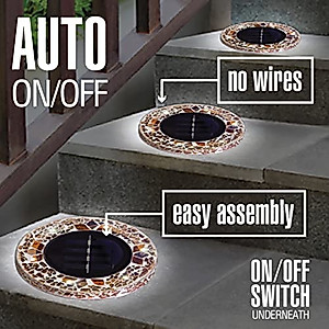 Bell+Howell Solar Outdoor Mosaic Disk Lights, 4 Pack Ultra-Premium Glass Decorative Pathway Lights, Solar Lights Outdoor Waterproof Disk Lights, LED Pathway Lights, Auto On/Off Lights, Oak Brown