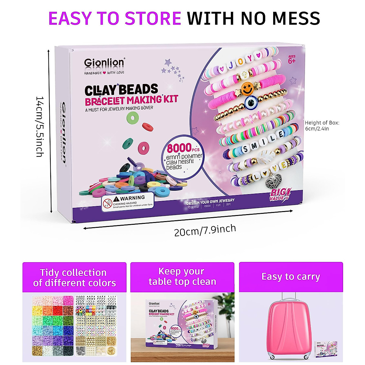 Gionlion 8000 Pcs Clay Beads Kit 2 Boxes for Bracelet Making, 24 Colors Flat Clay Beads Letter Beads Spacer Beads and Charms Kit for Jewelry Making, Jewelry Supplies Crafts Gift for Teen Girls Adults