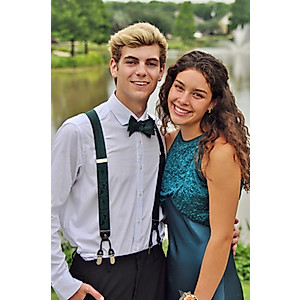 Alizeal Paisley Suspenders and Self Tied Bow Tie for Men with Pocket Square Set, Dark Green