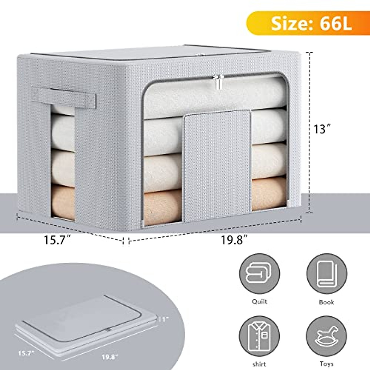 FAikhom 3 Pack Stackable Storage Bins- Foldable Metal Frame Storage Box Oxford Fabric Stackable Clothes Container Organizer with clear Window & Carry Handles (66L, Grey)