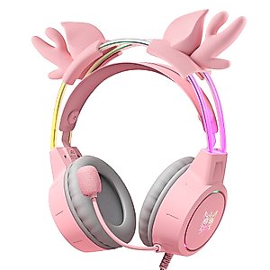 SIMGAL Antler Gaming Headset with Mic, 3.5mm Lightweight Headphones with RGB Aluminum Frame, Surround Sound, Compatible with PS4 PS5 Xbox One(Adapter Not Included) PC Mobile (Pink with Antler)