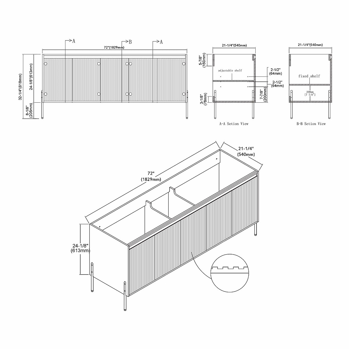 Dowell 72“ Fluted Design Vanity Set – Modern Bathroom Cabinet with Soft-Close Door & Shelf.Charcoal- 002 72 02V