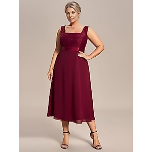 Ever-Pretty Plus Women's Curve Square Neck Lace Cardigan Chiffon Knee Length Plus Size Evening Dress Burgundy US22