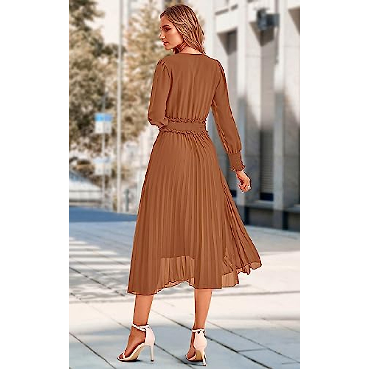 PRETTYGARDEN Wrap V Neck Fall Dresses for Women 2023 Long Sleeve Smocked Wedding Guest Dresses Flowy Pleated Midi Dress (Brown,X-Large)