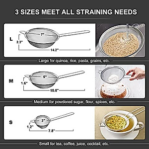 Fine Mesh Strainer Set of 3, Stainless Steel Wire Strainers for Kitchen, Multipurpose Metal Fine Sieve with Handle, Perfect for Food, Rice, Quinoa, 3", 5", 7"