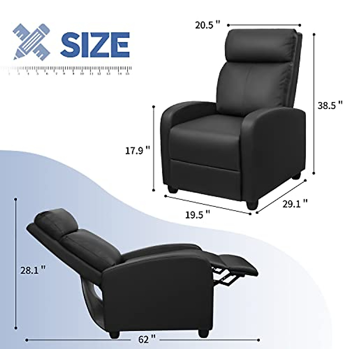 Furniwell Recliner Chair Massage Recliner Sofa Chair Adjustable Recliner Home Theater Seating Modern Living Room Recliners with PU Leather Padded Backrest and Thick Seat Cushion (Black)