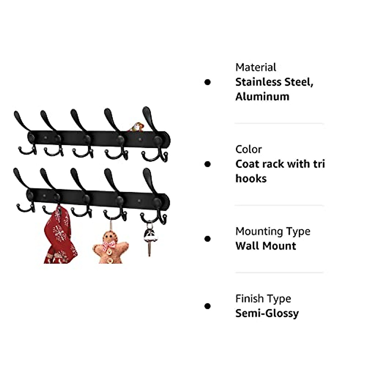 Bjiotun Coat Rack Wall Mounted 2 Pack Wall Hooks Stainless Steel Wall Hanger with 5 Tri Hooks for Hanging Coats Hats Towels Keys (Black)