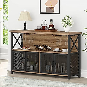LVB Wine Bar Cabinet, Industrial Sideboard Buffet/Coffee Bar Cabinet for Liquor and Glasses, Farmhouse Metal Wood Rack Cabinet for Home Living Dining Room Kitchen, Rustic Oak, 47 Inch